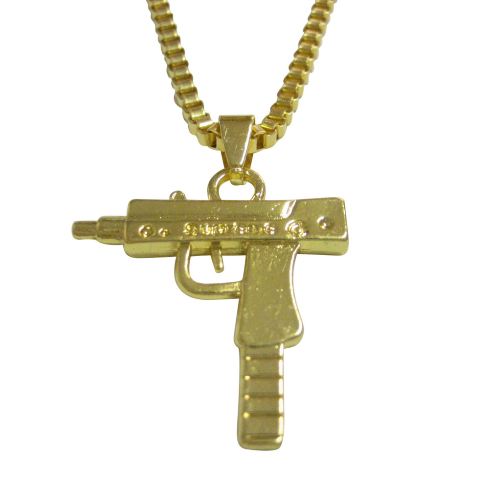 Gold Toned Submachine Gun Pendant Necklace - Gem